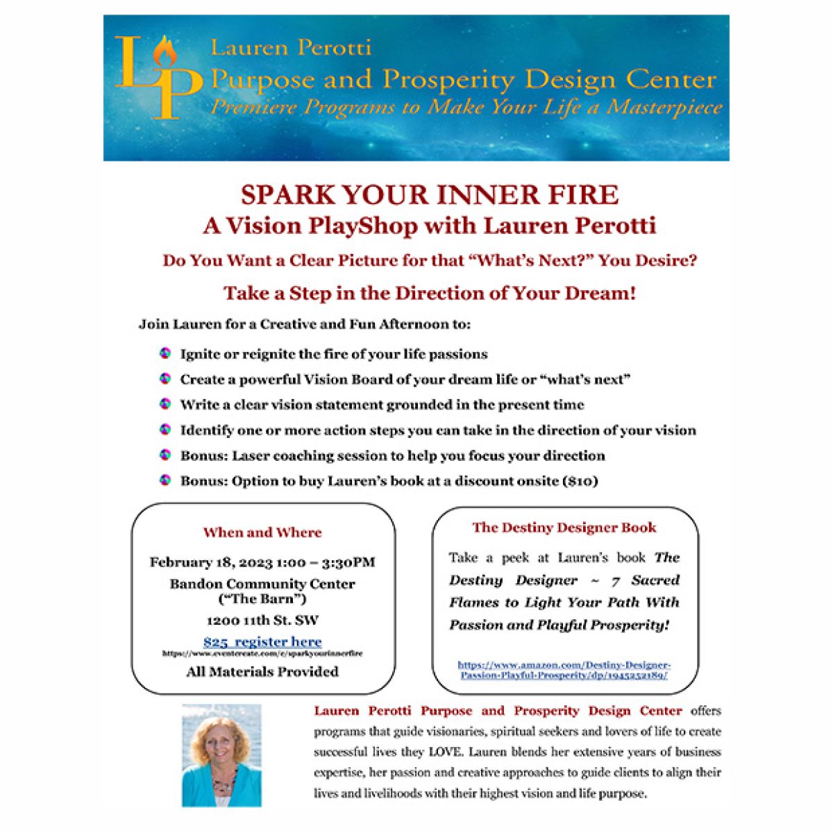 Spark Your Inner Fire: Vision PlayShop with Lauren Perotti | Bandon Events